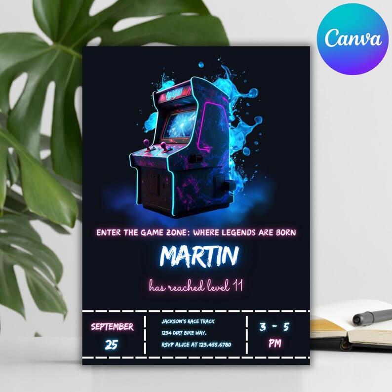 Editable Arcade Birthday Party Invitation Minimalist Neon Boy Game ...