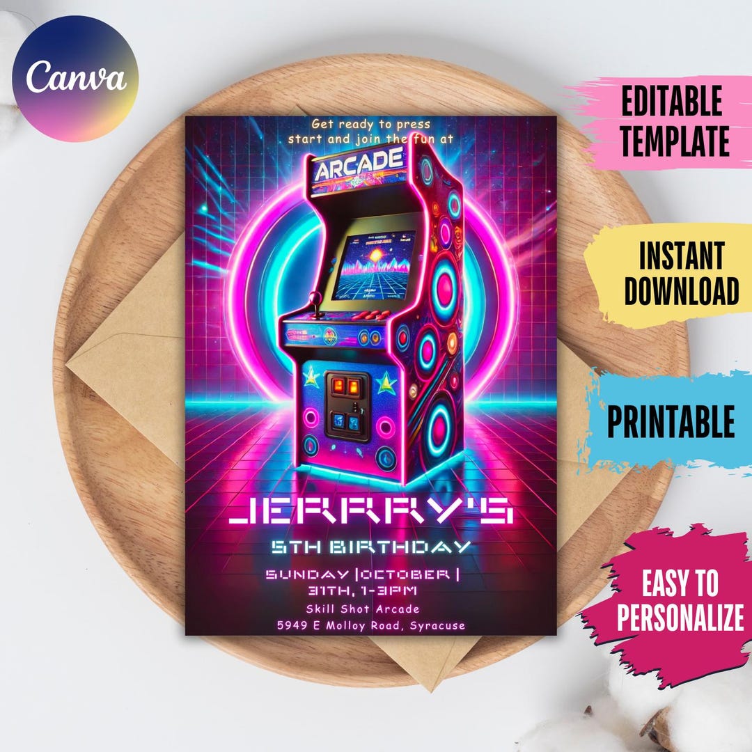 Arcade Invitation Arcade Birthday Invitation Arcade Party Arcade Neon ...