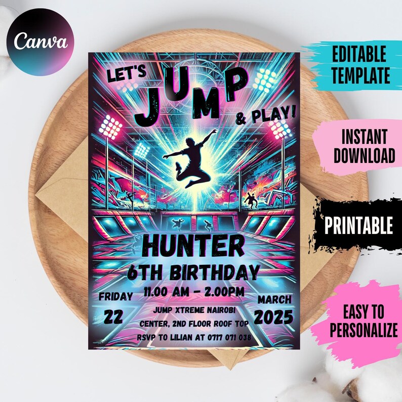 EDITABLE Trampoline Park Birthday Invitation, Trampoline Invitation ...