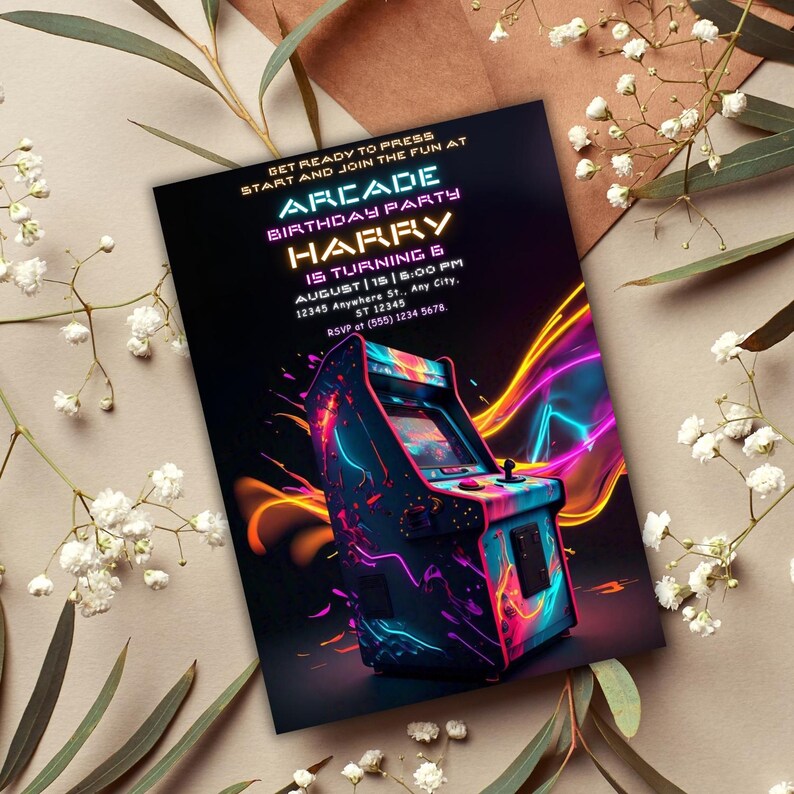 Neon Video Game Birthday Invitation: Retro Arcade Party, Editable Canva ...