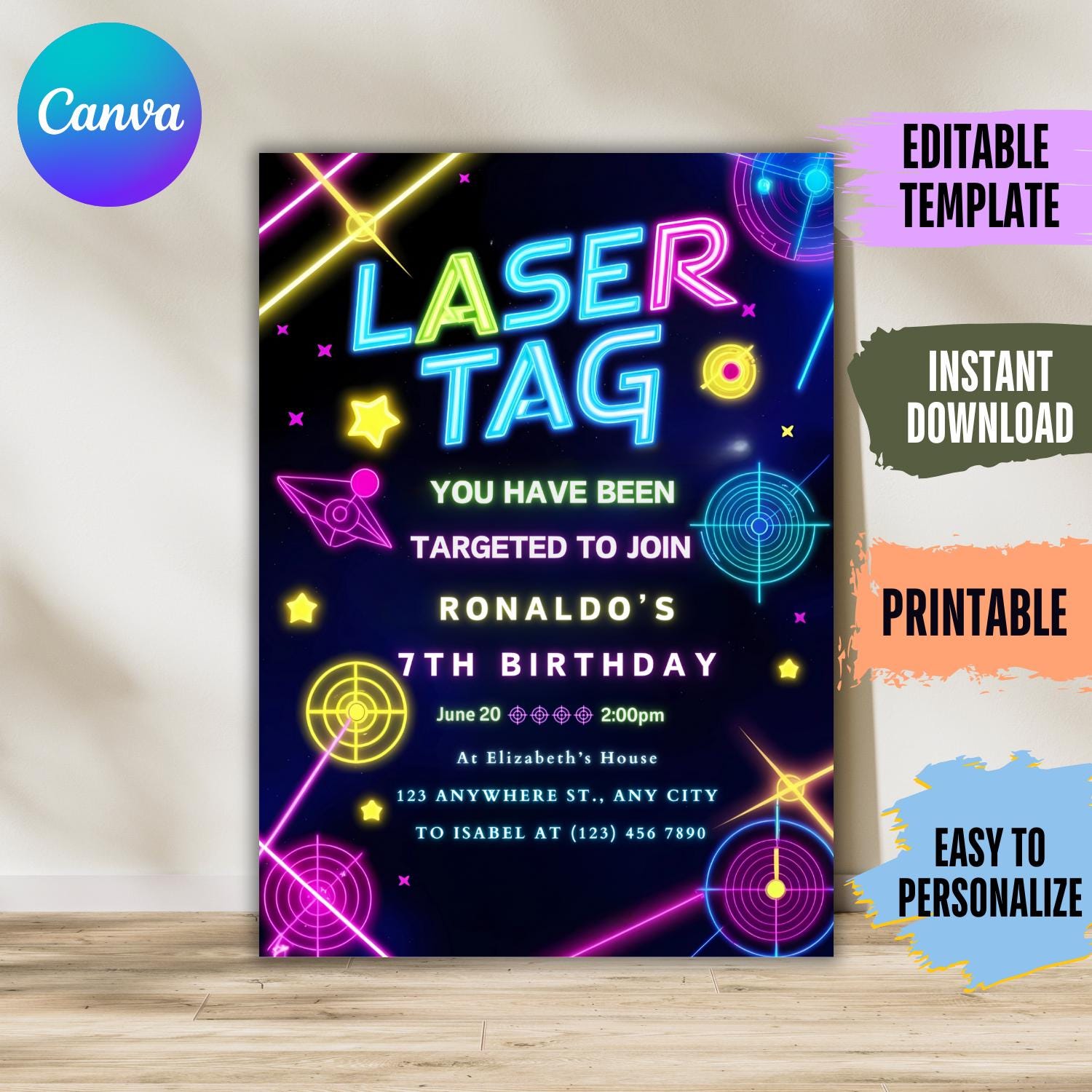Laser Tag Birthday Invitation Template: Neon Glow, Editable Canva ...