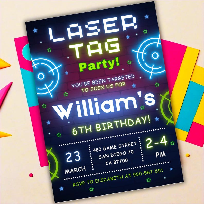 Neon Laser Tag Birthday Invitation Template: Green & Blue Glow (digital ...