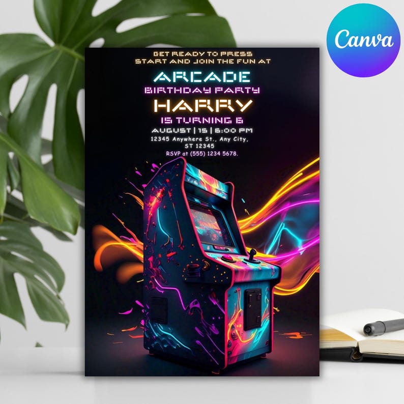 Neon Video Game Birthday Invitation: Retro Arcade Party, Editable Canva ...
