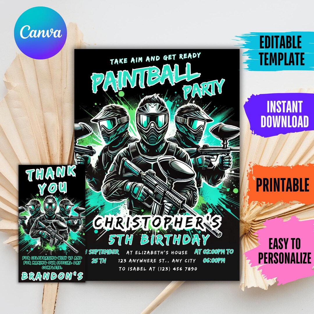 Paintball Birthday Invitation Boy EDITABLE Paintball Party Invite ...