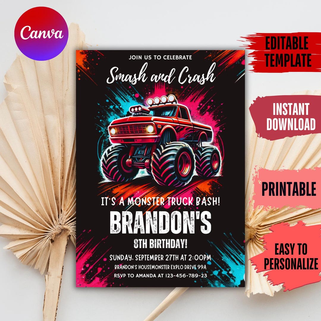 Monster Truck Birthday Invitation, Boom Crash It's A Monster Truck Bash ...
