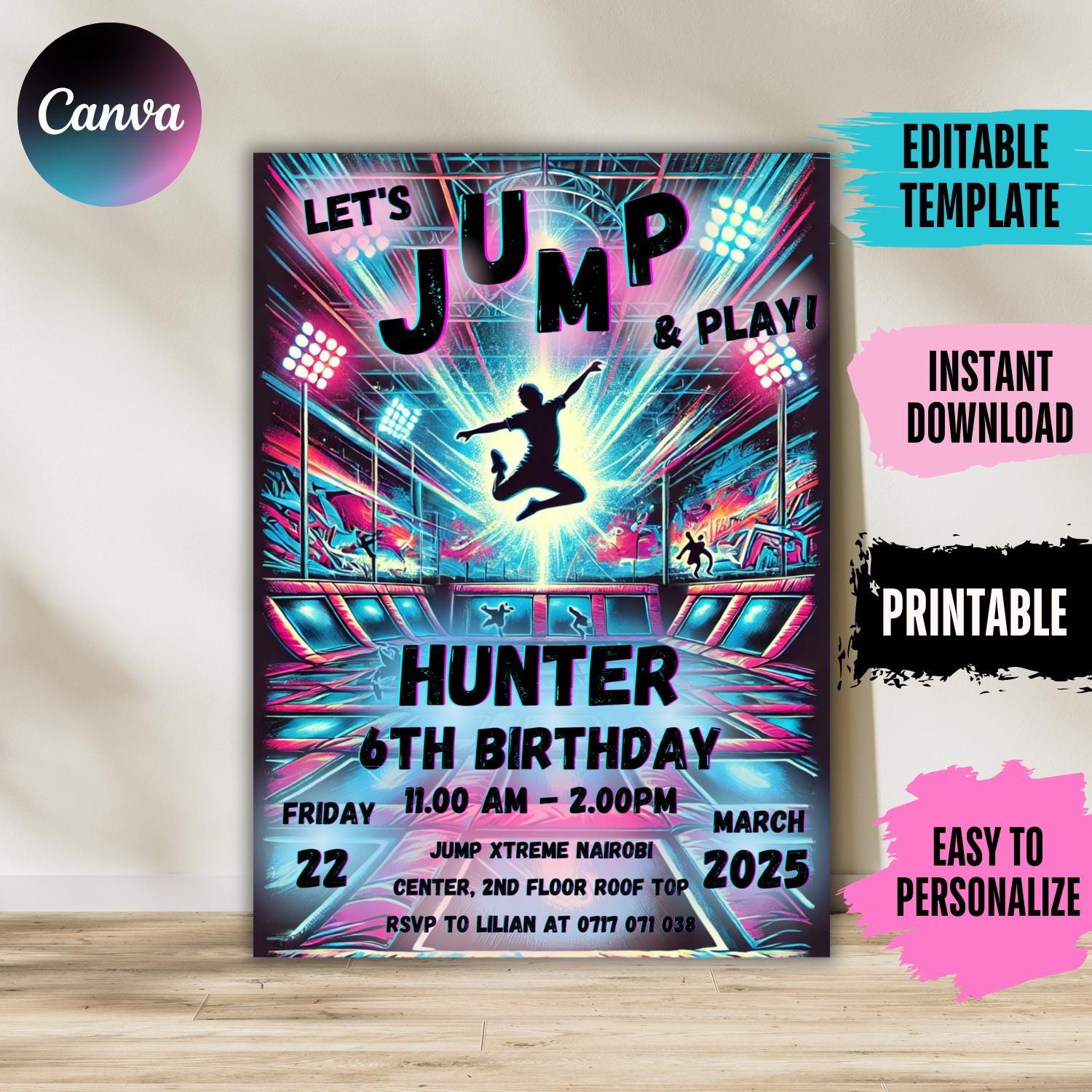 EDITABLE Trampoline Park Birthday Invitation, Trampoline Invitation ...