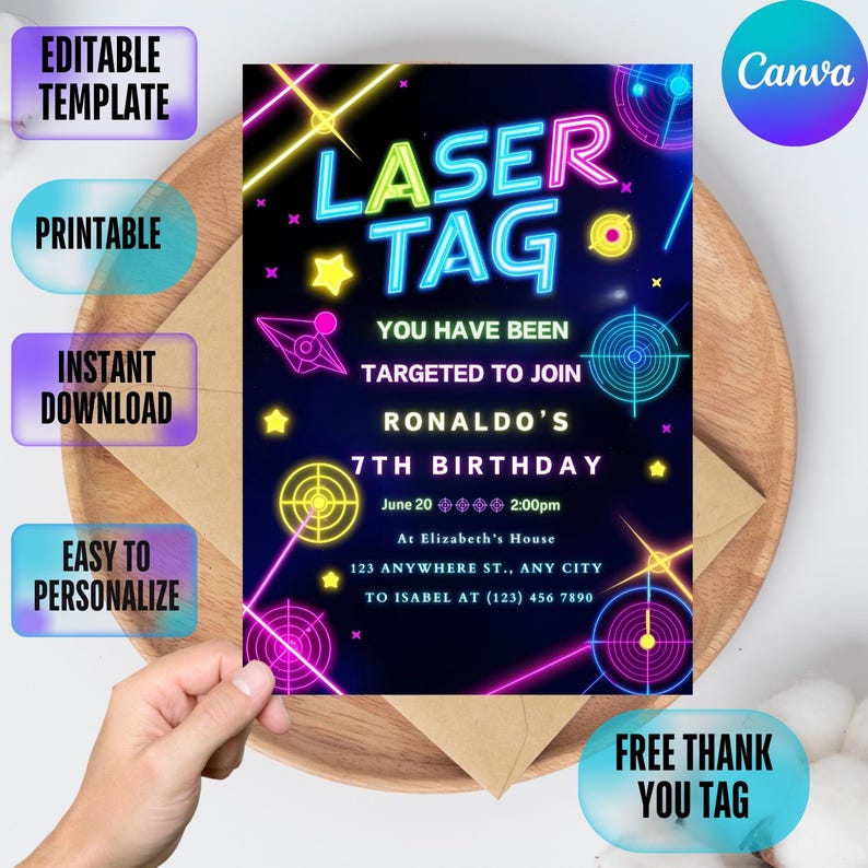 Laser Tag Birthday Invitation Template: Neon Glow, Editable Canva ...