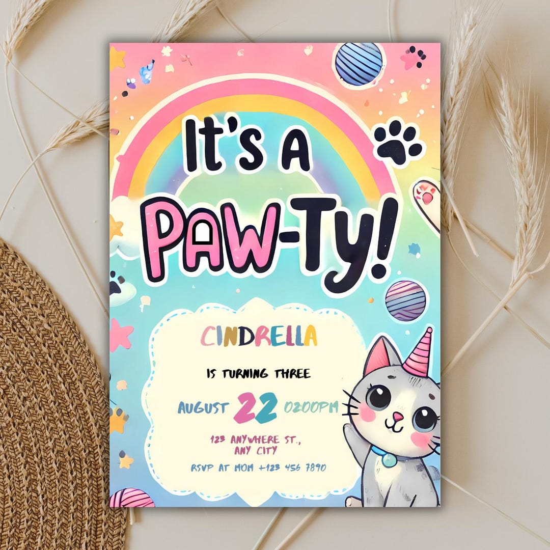 Editable Kitty Cat Birthday Invitation Perfect Party Invite Template ...