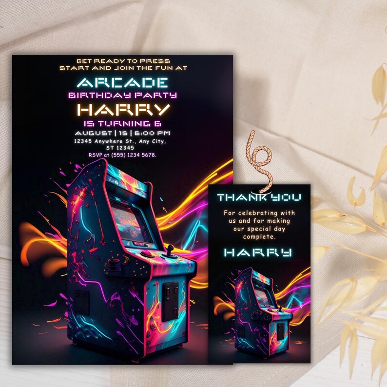 Neon Video Game Birthday Invitation: Retro Arcade Party, Editable Canva ...