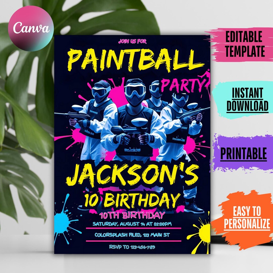Paintball Birthday Invitation, Editable Party Template (digital ...