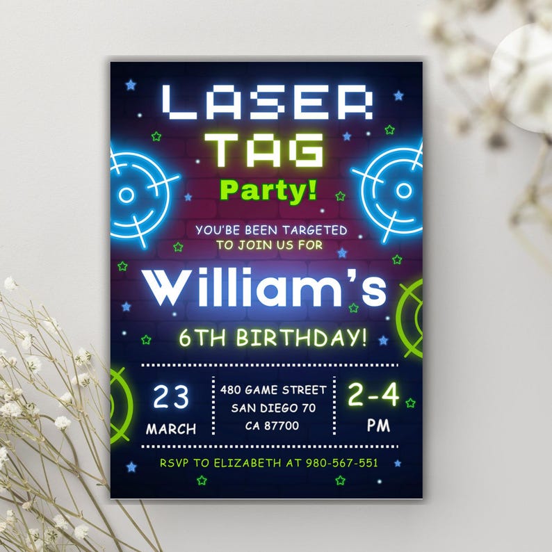 Neon Laser Tag Birthday Invitation Template: Green & Blue Glow (digital ...