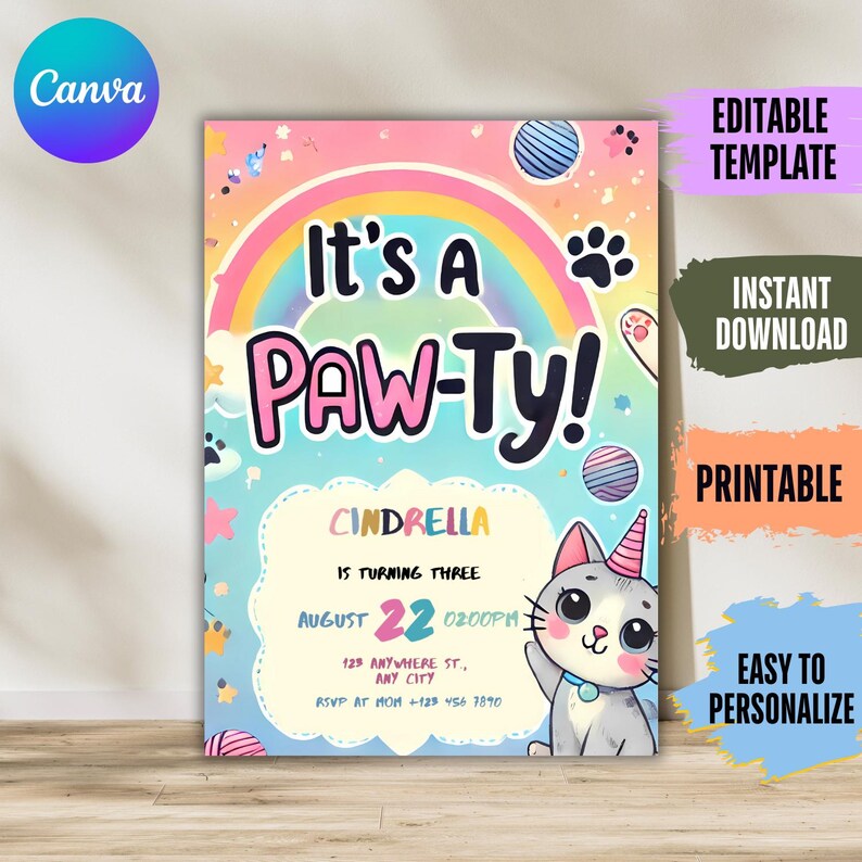Editable Kitty Cat Birthday Invitation Perfect Party Invite Template ...