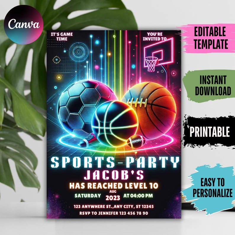 Editable Neon Sports Birthday Invitation Template (digital Download) - Etsy