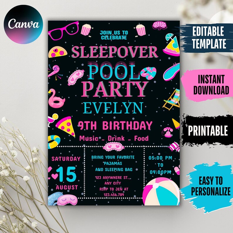 Slumber Pool Party Birthday Invitation Sleepover Swim Birthday Invite ...