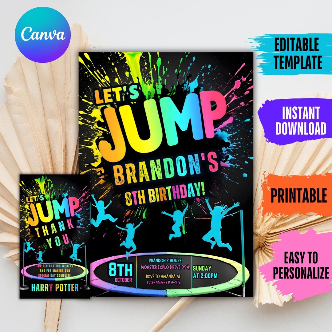 Editable Jump Birthday Invitation: Trampoline Party Template (instant ...