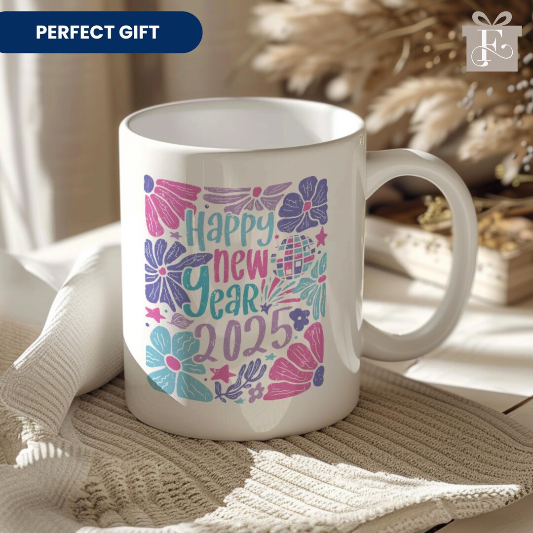 Boho New Year Mug 2025 – Floral Happy New Year Coffee Mug – Colorful ...