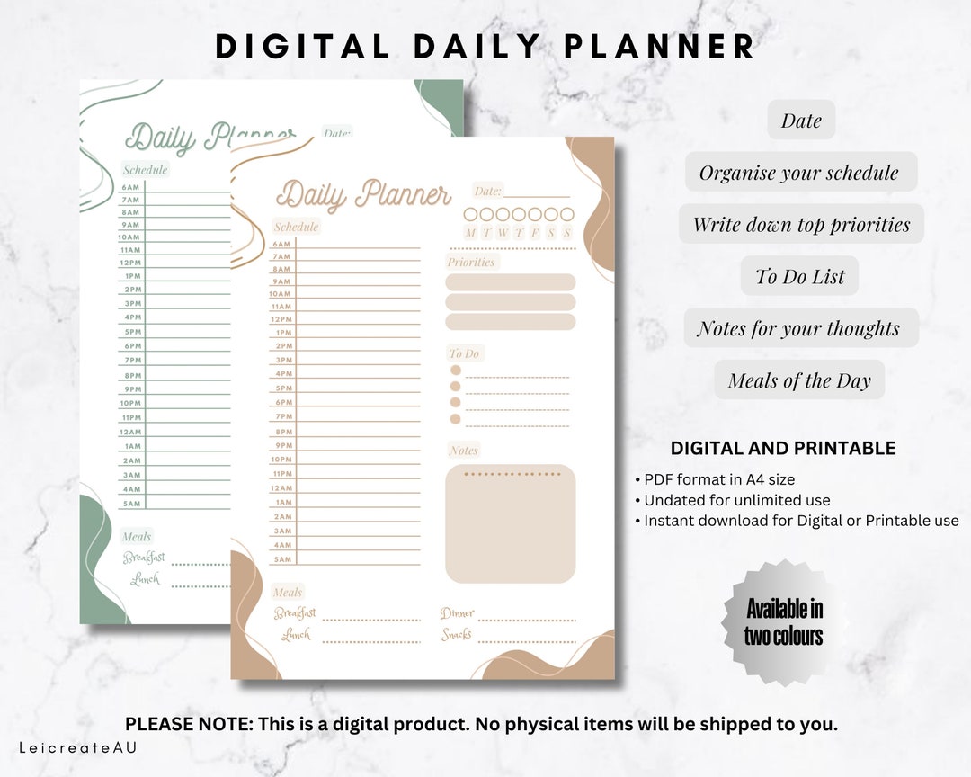 Digital Daily Planner, Printable Planner, 24 Hour Daily Planner ...