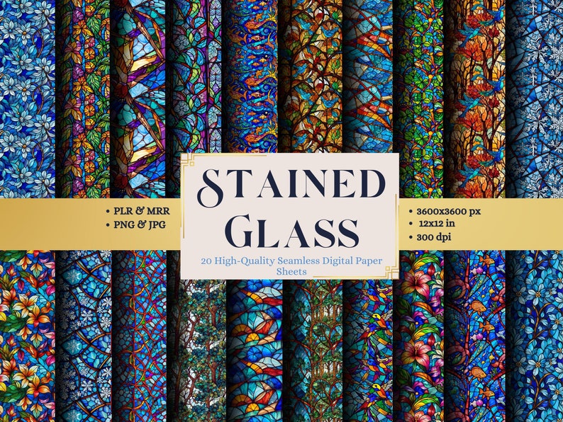 Nature Stained Glass Digital Paper: Seamless Floral & Sea Patterns ...