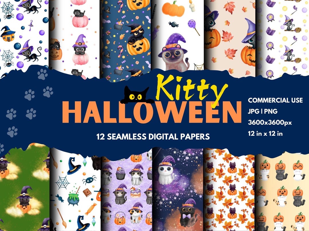 Cute Black Cat Halloween Digital Paper Bundle for Crafting ...
