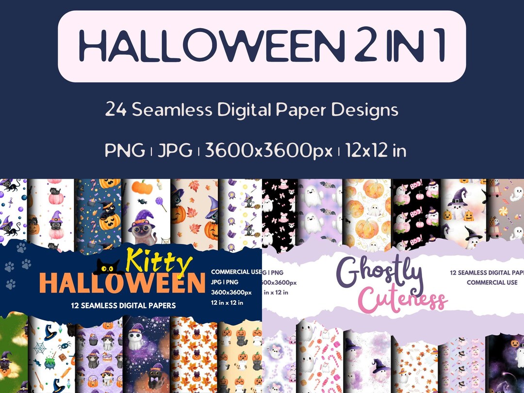 Cute Halloween Digital Paper Bundle Ghost and Cat Set for Crafts ...