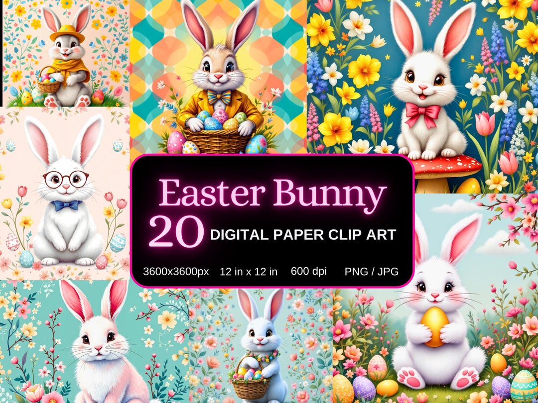 Cute Easter Bunny Clipart, Colorful Digital Craft Paper, Easter Rabbit ...