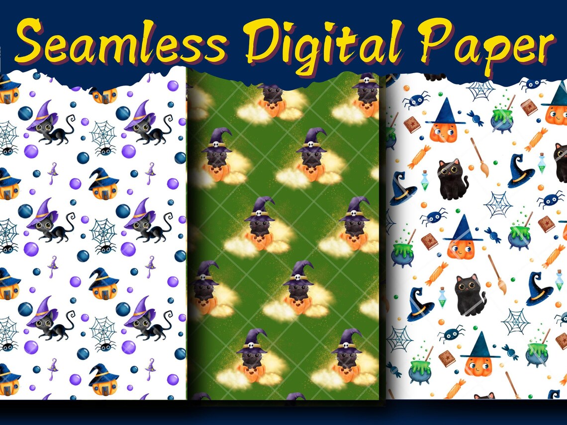 Cute Black Cat Halloween Paper, Seamless Patterns (PNG JPG Download) - Etsy