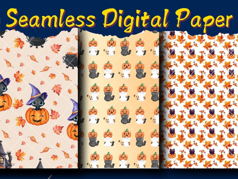 Cute Black Cat Halloween Digital Paper Bundle for Crafting ...