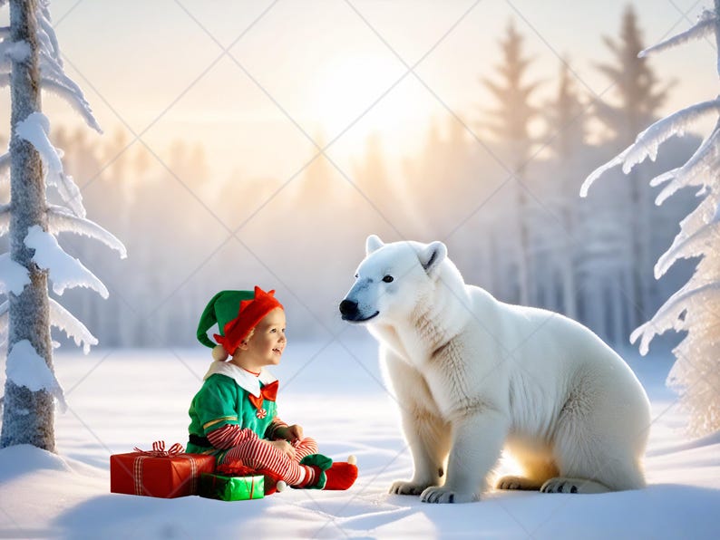 5 Cute Polar Bear Digital Backdrop Bundle; Winter Christmas Forest ...