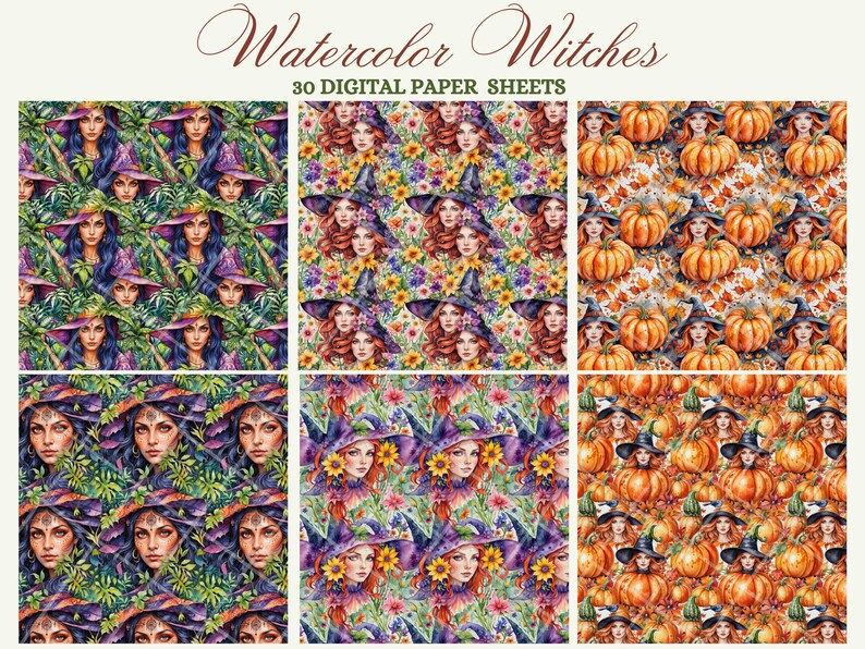 Watercolor Witch Printable Digital Paper for Halloween Decoration, Arts ...