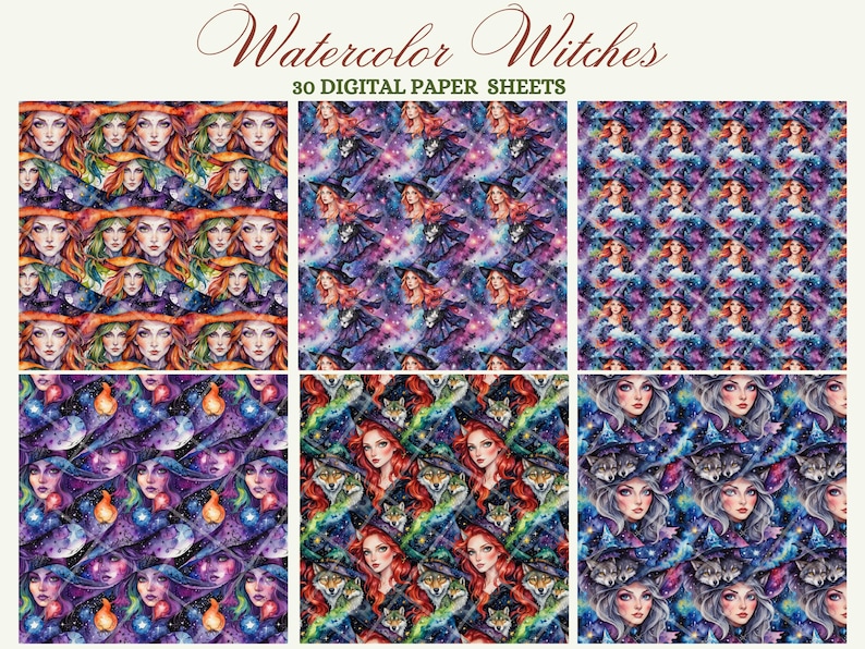 Watercolor Witch Printable Digital Paper for Halloween Decoration, Arts ...