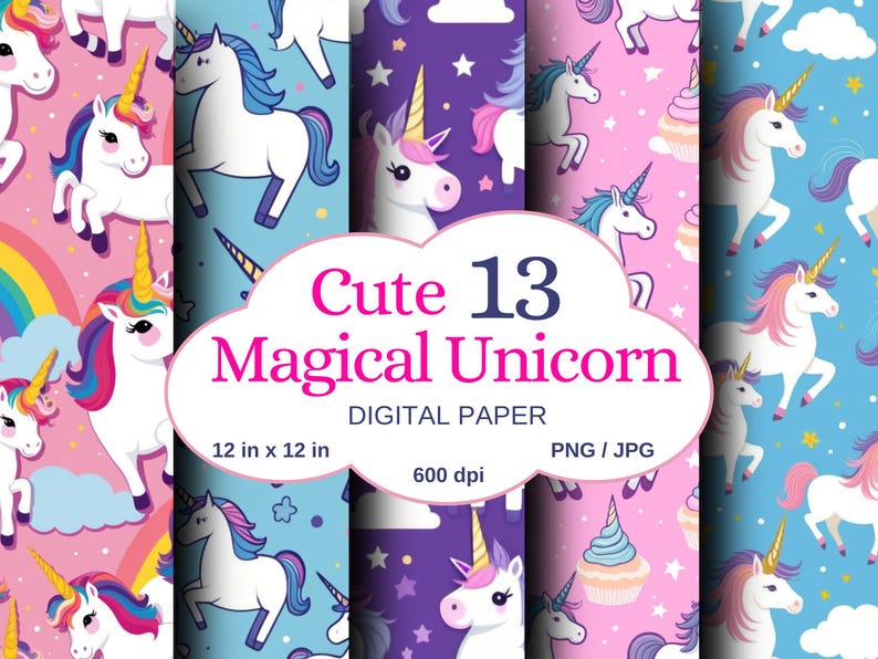 Rainbow Unicorn Digital Paper, Colorful Scrapbook Pattern, Pastel Craft ...