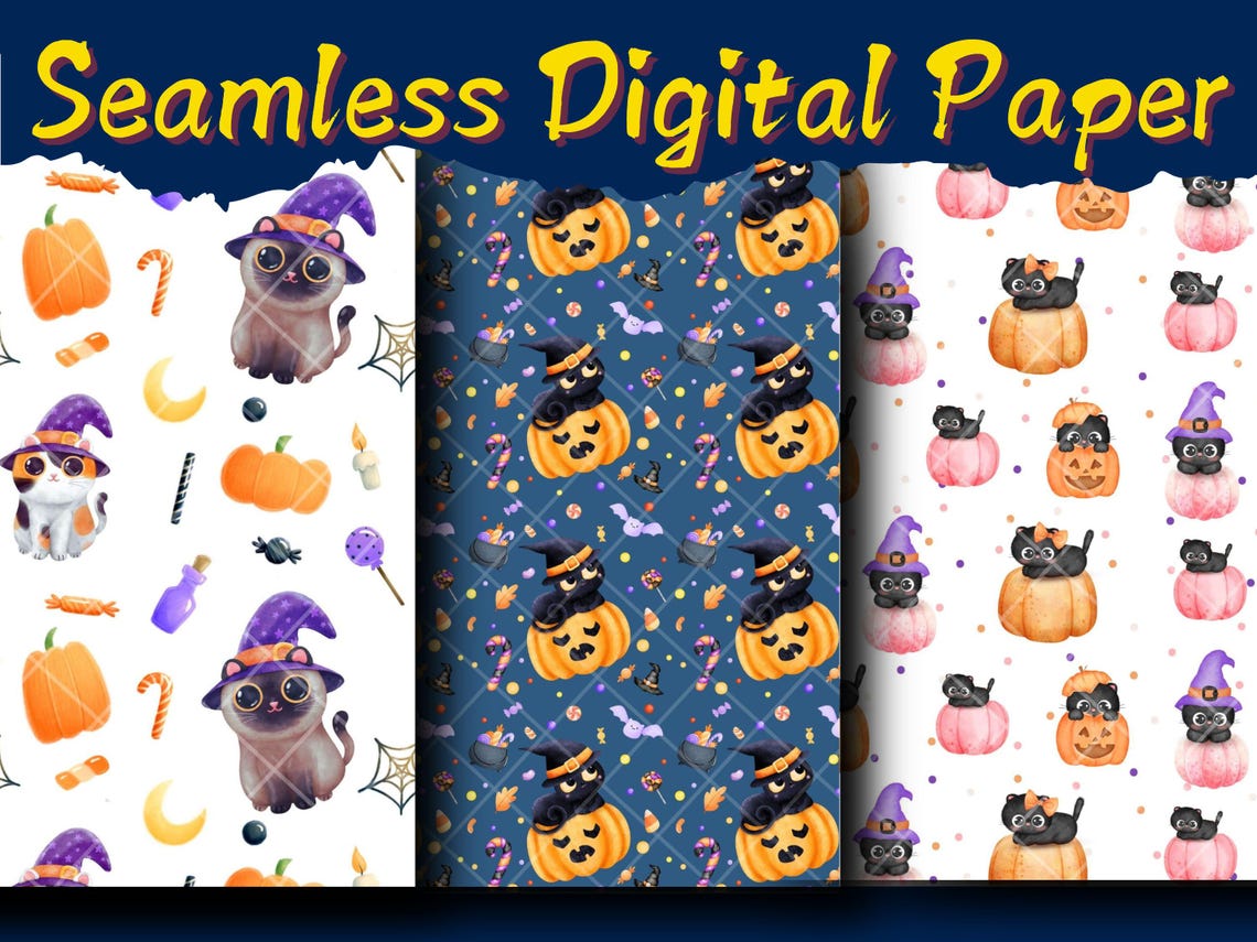 Cute Black Cat Halloween Digital Paper Bundle for Crafting ...