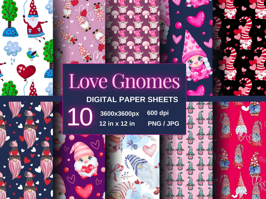 Love Gnomes Digital Paper Designs for Valentines Day Cards, Decoration ...