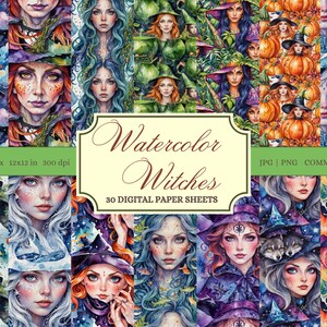 Watercolor Witch Printable Digital Paper for Halloween Decoration, Arts ...