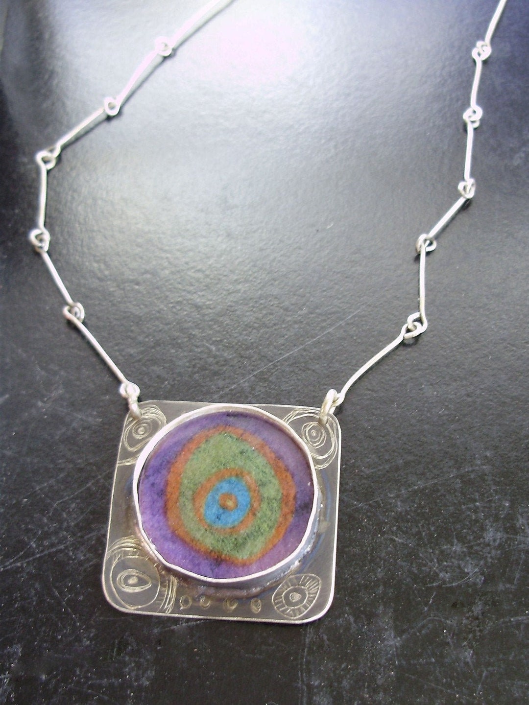 Excentric Circles, Swirl Necklace, Handpainted Silver Pendant, Colorful ...