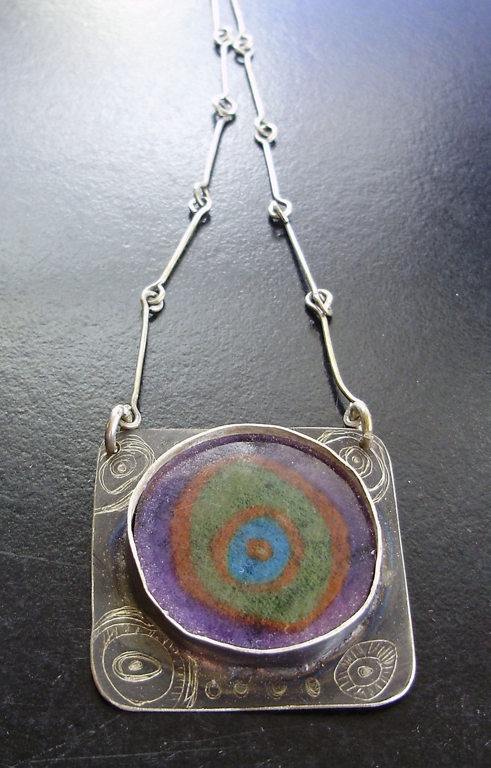 Excentric Circles, Swirl Necklace, Handpainted Silver Pendant, Colorful ...