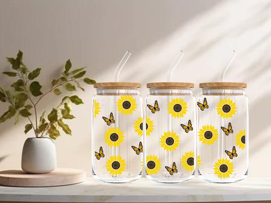 Sunflower Butterfly Glass Cup 16oz Sun Flower Can Glass Ice Coffee Cup ...