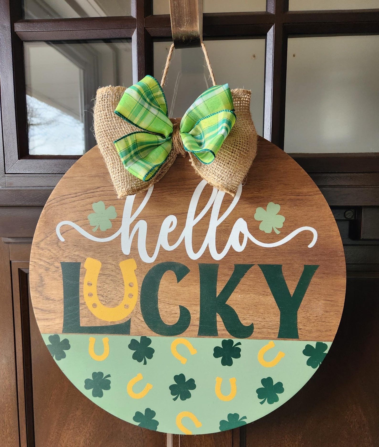 Hello Lucky | Front Door Round Sign | Wood Door Decor | Sign Gift | St ...