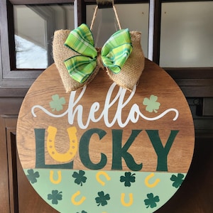 Hello Lucky | Front Door Round Sign | Wood Door Decor | Sign Gift | St ...