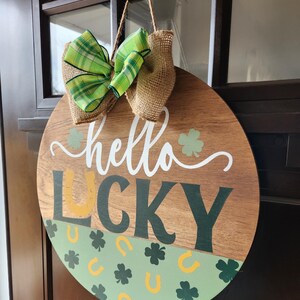 Hello Lucky | Front Door Round Sign | Wood Door Decor | Sign Gift | St ...