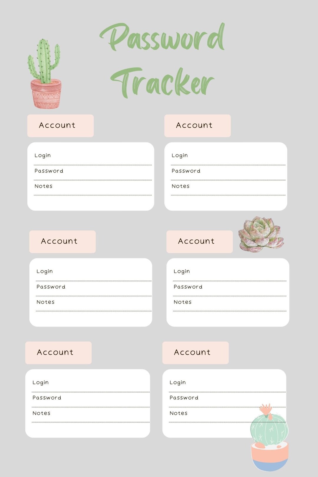 Printable Password Tracker Cute Cactus Fillable Password Cute Cactus Log Password Organizer
