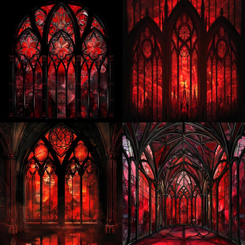24 Gothic Cathedral Clipart, Red Arched Windows Digital Background ...