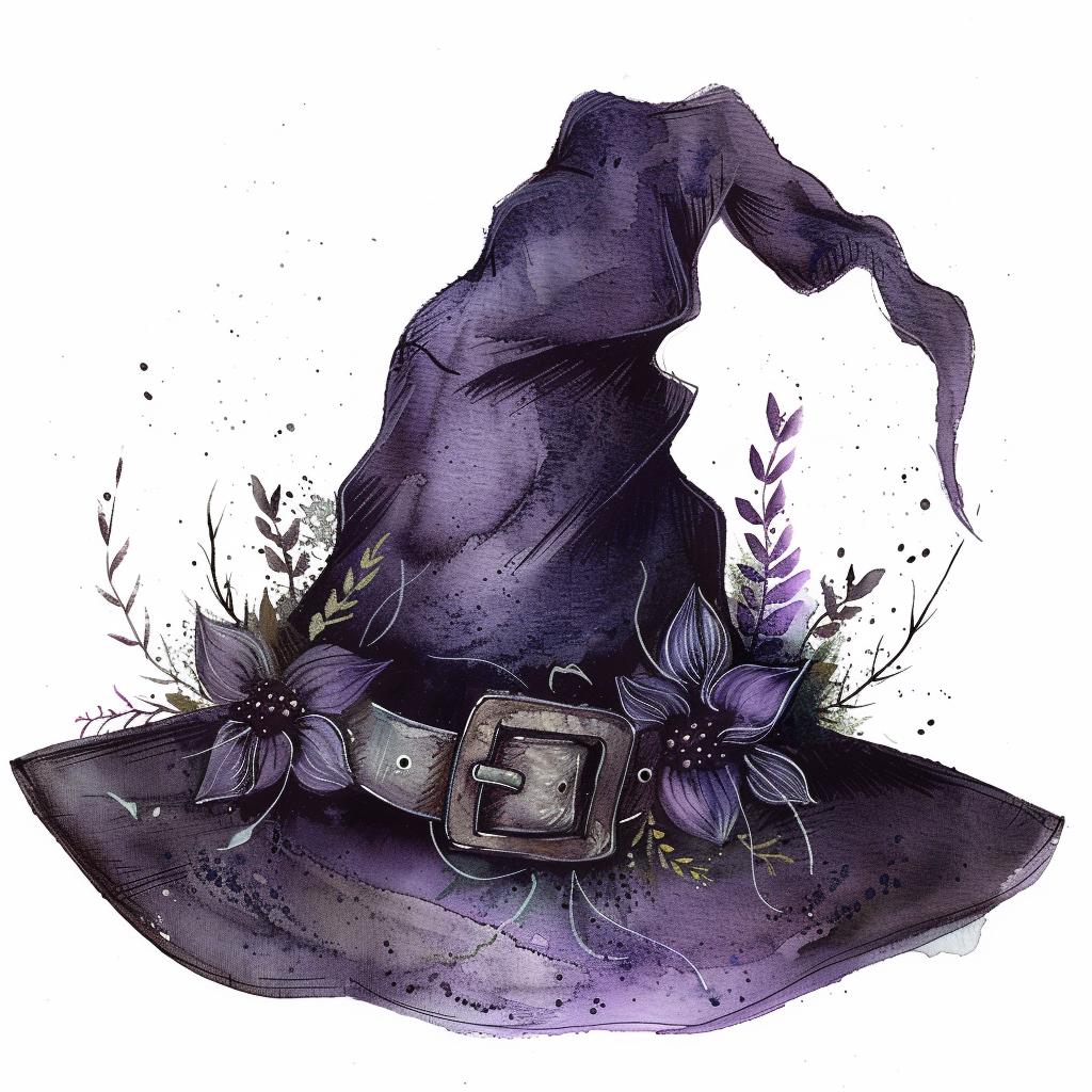 24 Witch Hat Watercolor Clipart, Witch Hat With Flower, Gothic Clipart ...