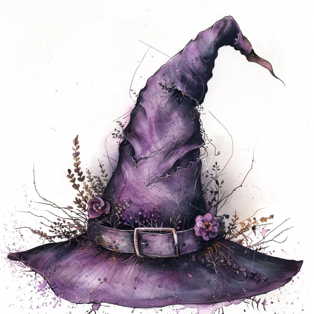 24 Witch Hat Watercolor Clipart, Witch Hat With Flower, Gothic Clipart ...