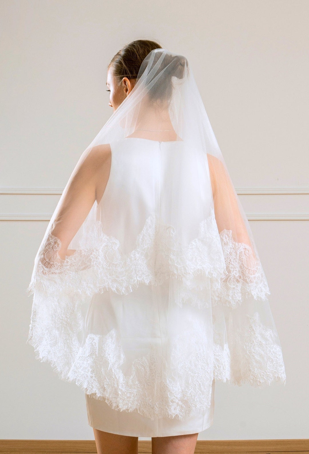 French Lace Wedding Veil, Ivory Tulle Mantilla, 2 Tier With Blusher ...