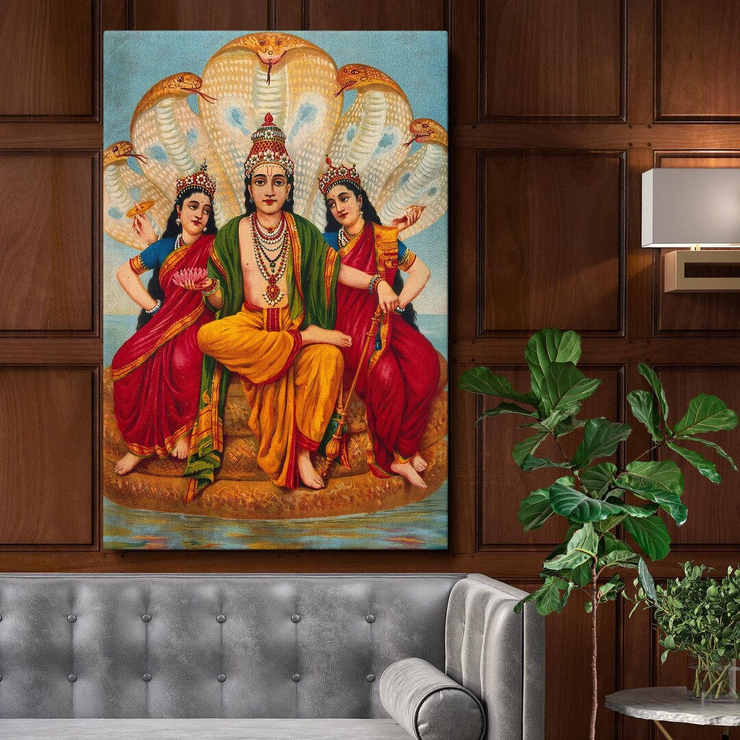 Vishnu Resting Wall Canvas Prints - Depicted With Shesha and Wives in ...