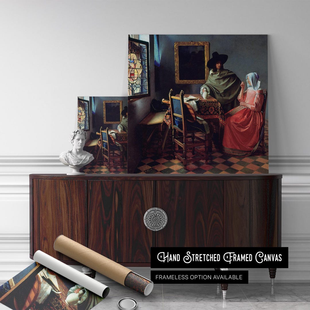 Vermeer the Wine Glass Framed Canvas - Baroque Masterpiece With Elegant ...