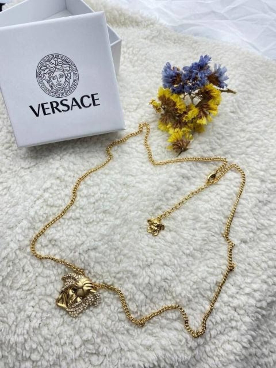 Versace Gold Curb Chain Designed Medusa Queen Crystal Pendant Necklace ...