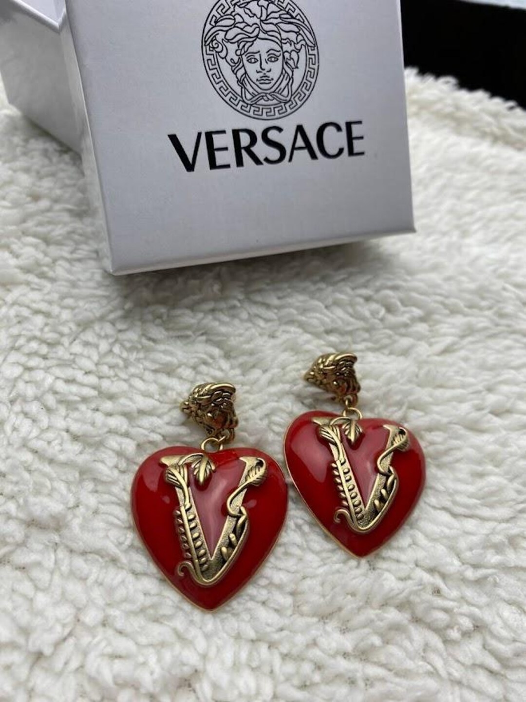 Vintage Versace Gold Finish Fashionable V Logo Dangle Earrings Retro ...