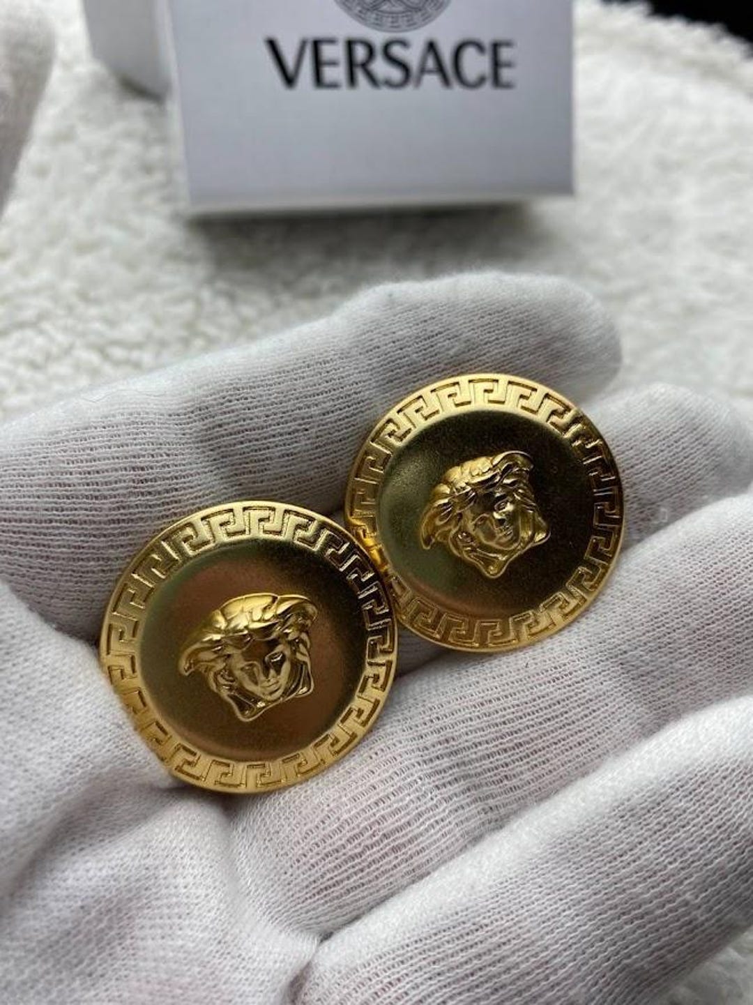 Vintage Versace Gold Finish Fashionable Medusa Head Stud Earrings Retro ...